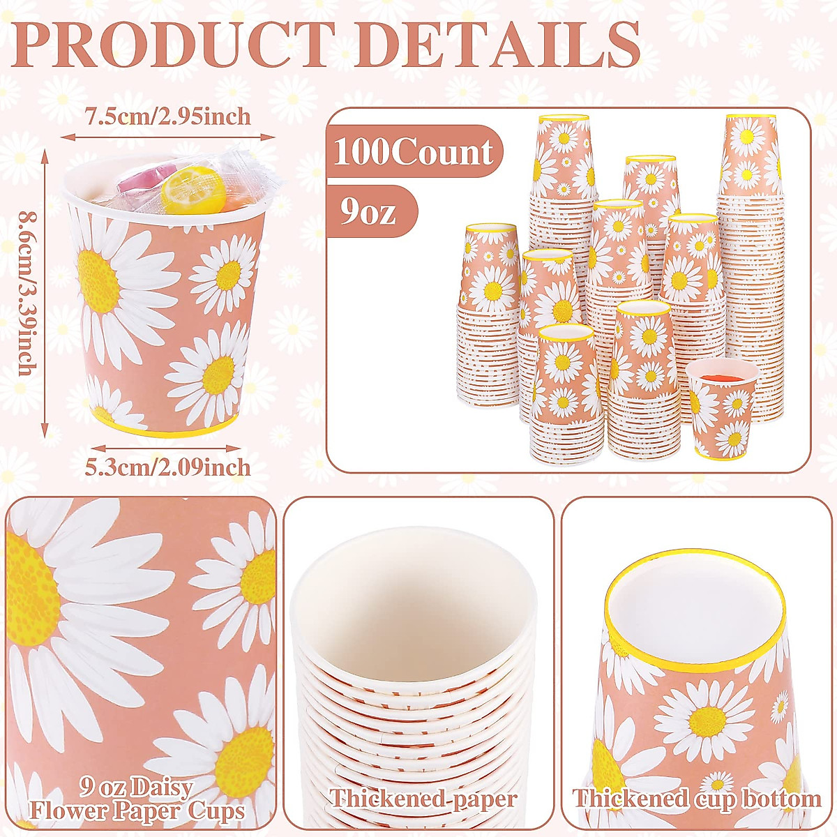 100 Pcs Disposable Cups Daisy Flower Boho Paper Cups 9 oz White Daisy Party favors Cold Beverage Drinking Supplies Summer Spring Wedding Birthday Bridal Shower Travel