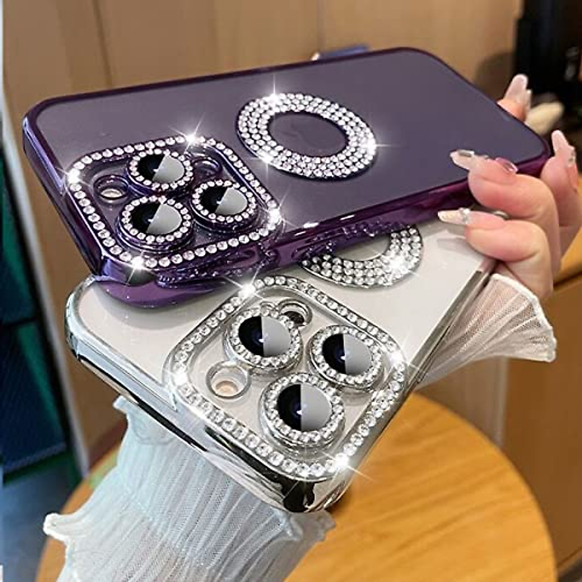 Changjia for iPhone 13 Pro Max Clear Glitter Case,Cute Bling Sparkle Shiny with Rhinestones Diamond Camera Protection Logo View Soft Plating Bumper Women Girls Case for iPhone 13 Pro Max 6.7" (Silver)