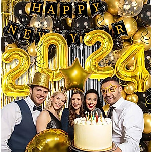 New Years Eve Party Supplies 2024 Kit - Pack of 125, Huge Gold 2024 Balloons, Happy New Year Banner, Black and Glod Hanging Swirls, Gold Fringe Backdrop for NYE Decorations 2024, New Years Party Décor