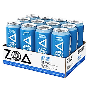 ZOA Zero Sugar Energy Drinks, Super Berry - Sugar Free with Electrolytes, Healthy Vitamin C, Amino Acids, Essential B-Vitamins, and Caffeine from Green Tea - 16 Fl Oz (12-Pack)