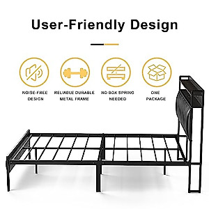 HAUSOURCE Full Bed Frame with Storage Headboard & Footboard Upholstered Platform Bed with LED Lights USB Ports & Outlets No Box Spring Needed