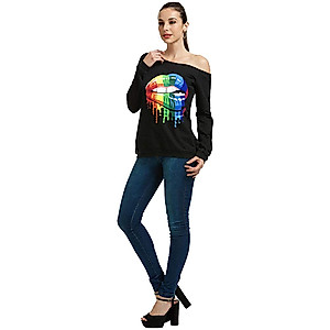MAGICMK 80s Outfit for Women,Off Shoulder Long Sleeve,80s Outfit Sweatshirt Slouchy Printed Neon Long Tunics Top for Party (4XL)