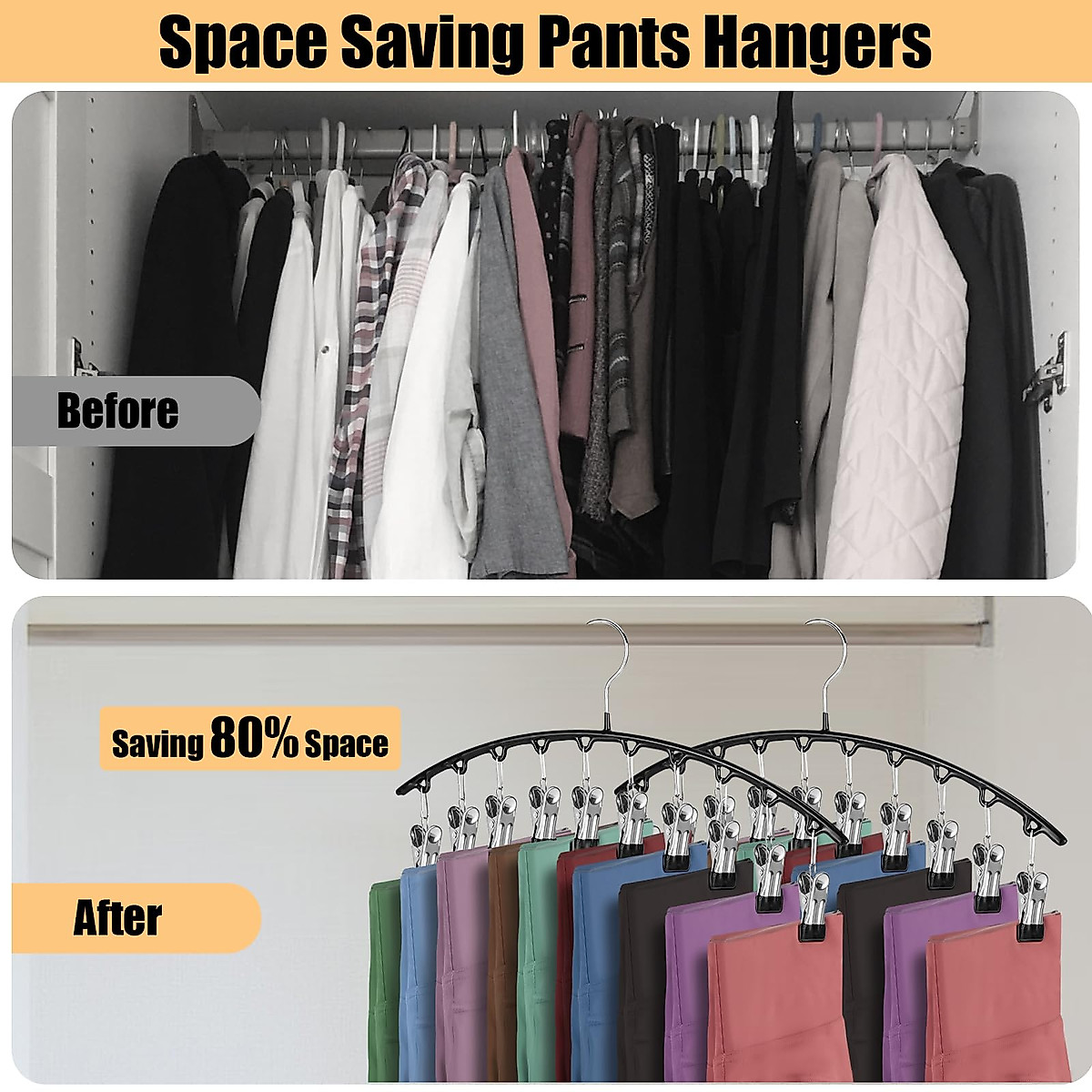 2 Pack Legging Organizer for Closet Hanging, Stainless Steel Clips Hangers for Pants with 10 Clips, Heavey Duty Legging Hangers for Closet Jeans Skirts Bras (Black)