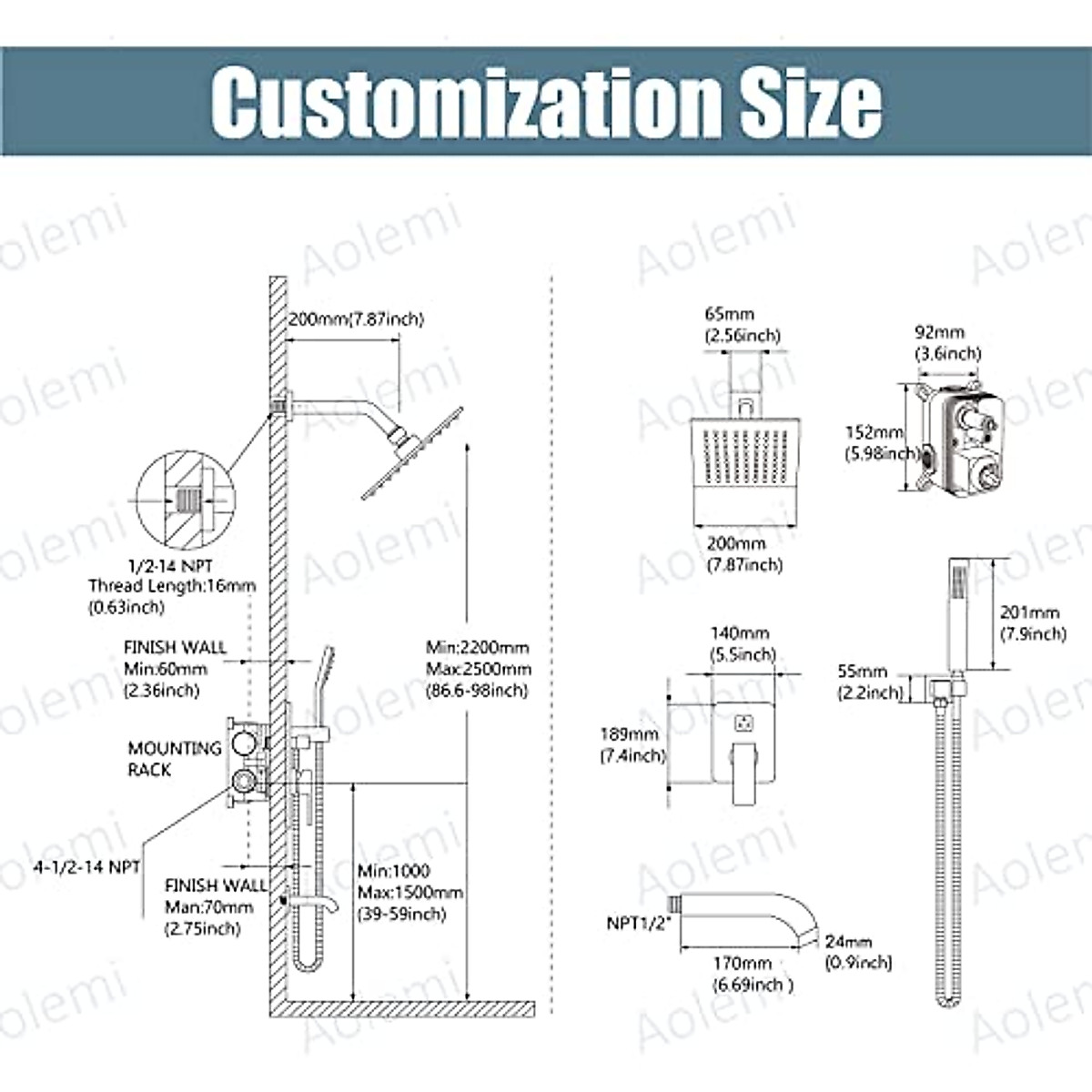 Aolemi Rainfall Shower System 8 Inch Matte Black Shower Head Combo Set with Tub Filler Handheld Shower Luxury Rough-in Valve Included Wall Mount Bathroom Shower Mixer Faucet