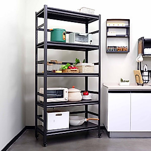STELSIPLIY 5-Tier Metal Storage Shelves with Wheels, Heavy Duty Metal Shelving Unit, Rolling Kitchen Adjustable Shelves for Kitchen, Bathroom, Garage, Pantry, Easy Assembly, Black