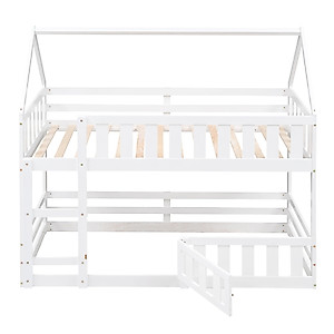 RuiSiSi Twin Size Floor Low Bunk Bed with Fence and Door, Wood Bunk Bed Frame with Guardrails and Ladder, House Shaped Bunk Bed for Kids, White