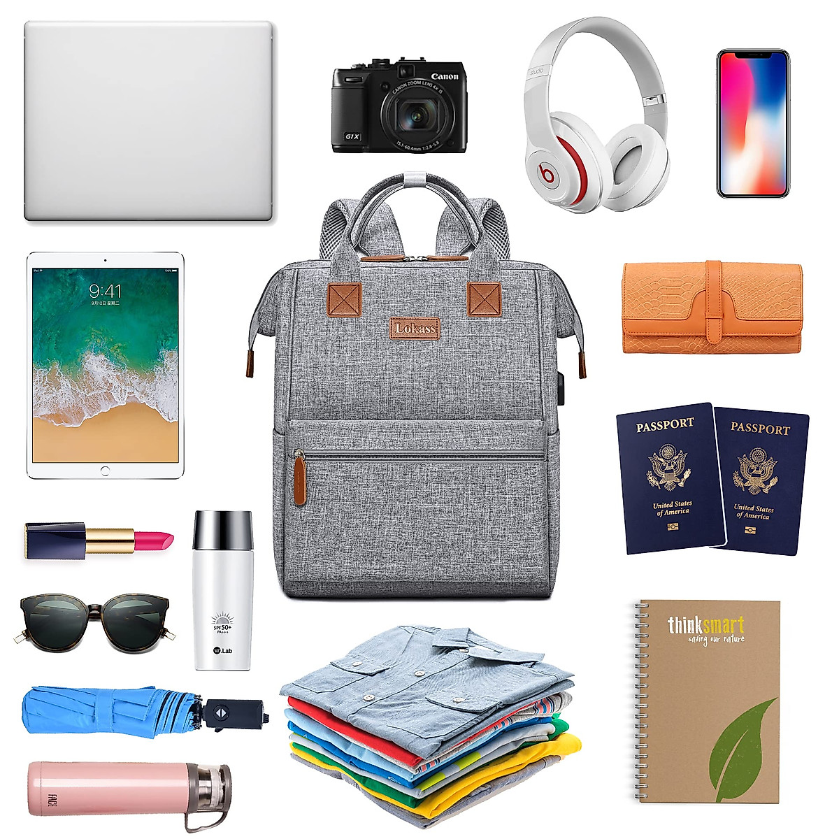 BRINCH Laptop Backpack for Women Men, Personal Item Travel Bag for 15.6 Inch Computer with USB Charging Port Water Resistant College School Nurse Backpack Bag Carry On Bookbag for Work/Business,Gray