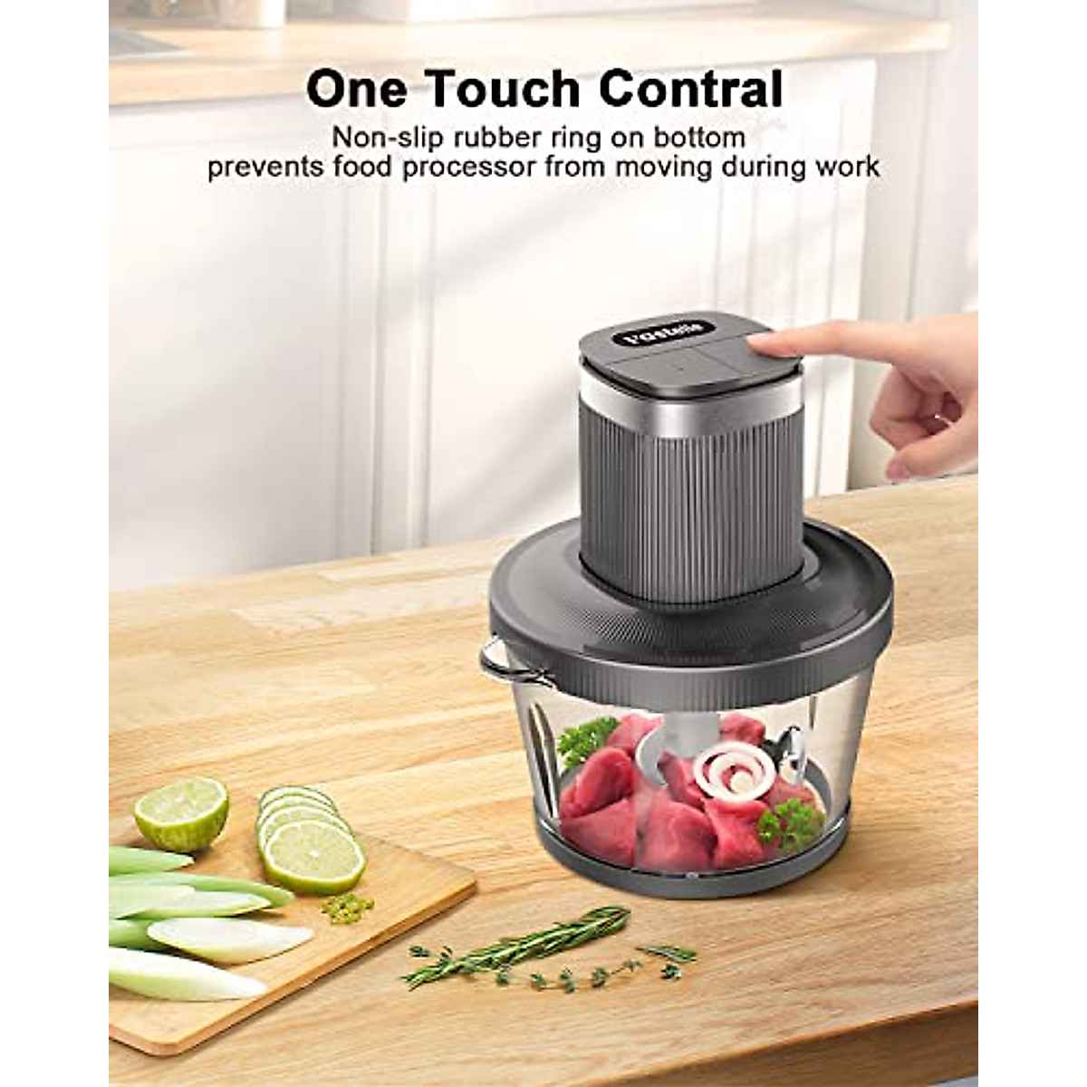 Food Processor, VASTELLE Electric Food Chopper for Meat, Vegetables, Fruits and Nuts, 8 Cup Glass Bowl Food Grinder with 2 Speed, Grey