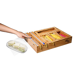 TILSI Storage Bag Organizer, Plastic Wrap Organizer and Dispenser with Cutter for Kitchen, Compatible with Gallon, Quart, Sandwich and Snack Variety Size Bag