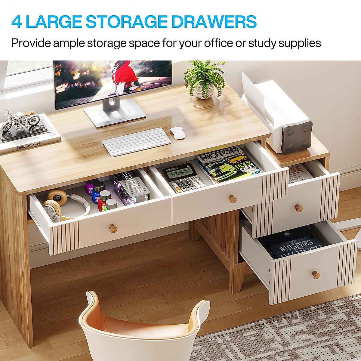 Tribesigns Computer Desk with 4 Drawers, 51-Inch Home Office Desks with Storage, Modern Wooden Executive Desk Study Writing Table Workstation for Small Space, Bedroom