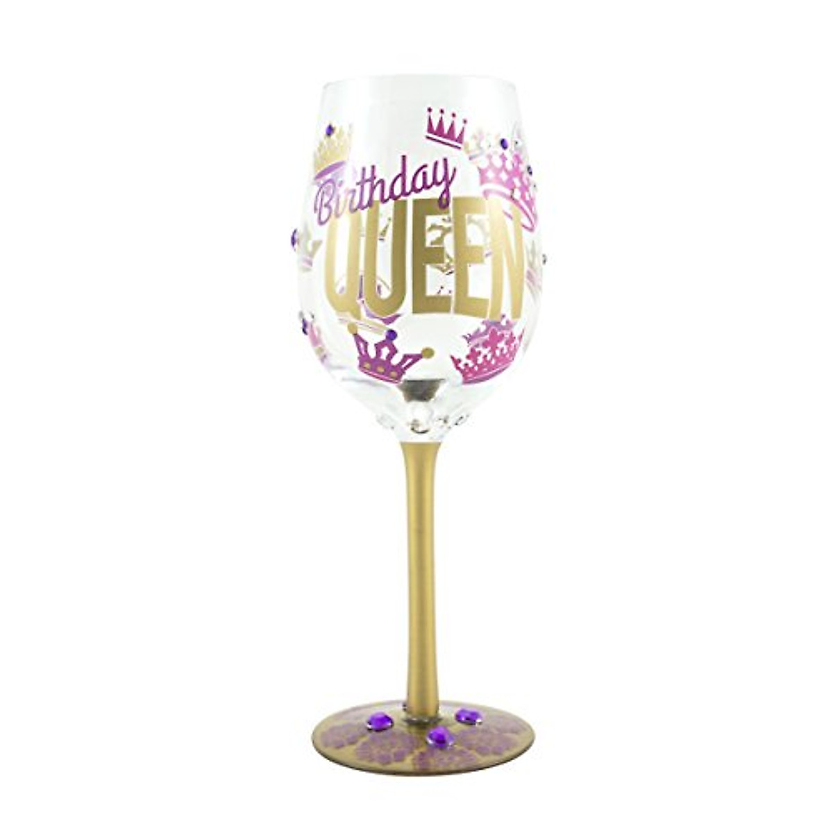 Top Shelf “Birthday Queen” Decorative Wine Glass ; Funny Gifts for Women ; Hand Painted Purple and Gold Design ; Unique Red or White Wine Glasses