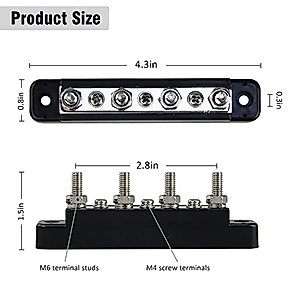 Bus Bar Battery Power Distribution Block, 4 X M6 Terminal Studs, 3 X M4 Terminal Screws, Battery Bus Bar for Car Marine Pickup Trailer RV Boat