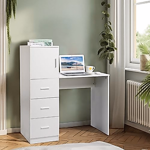 Karl home Computer Desk with Bookshelf, Small Desk Ideal for Home Office, Wood Construction Office Desk with Drawers and Built-in Charge Station for Bedroom, Kids Room, Manicure Table (White)