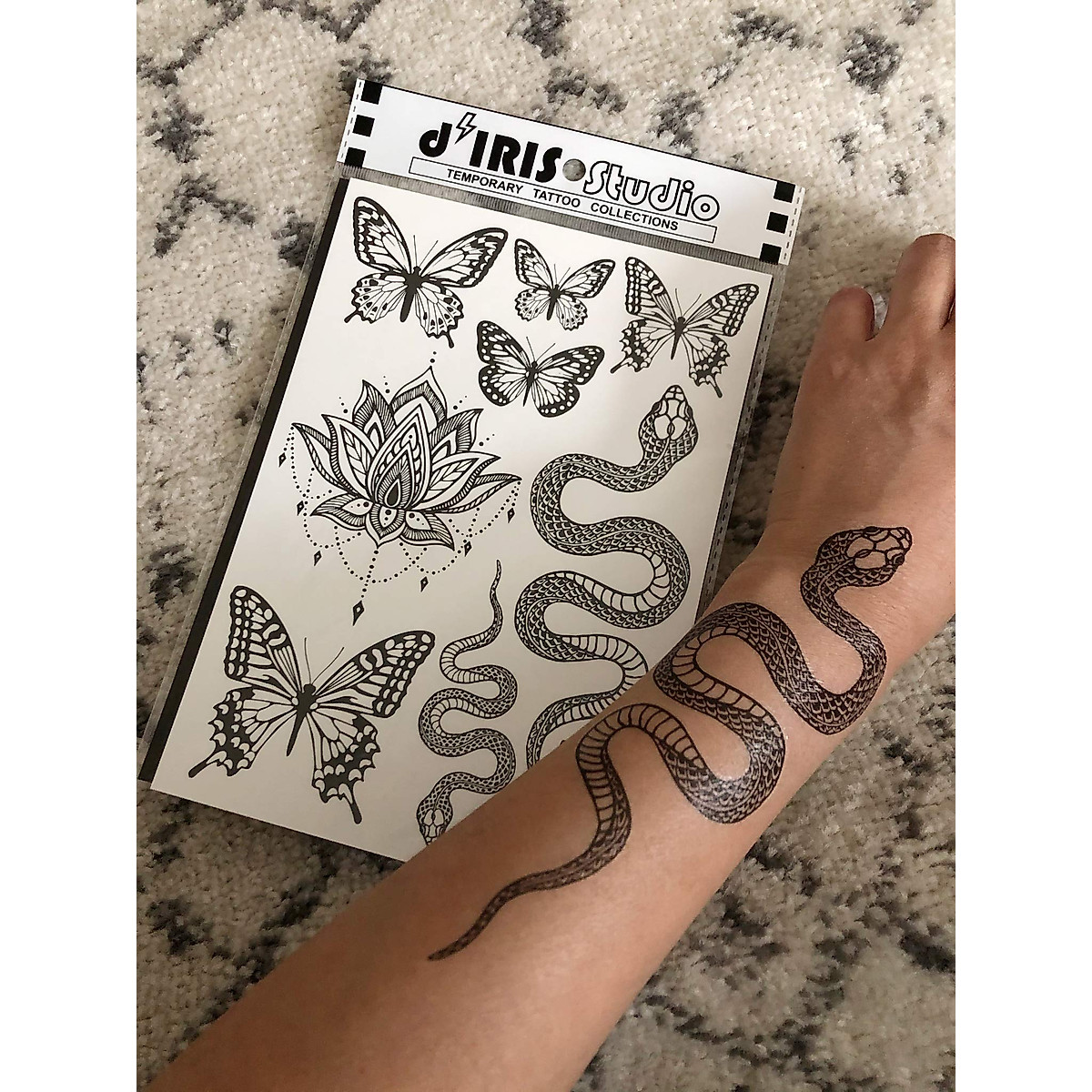 Temporary Tattoos for Adult Women - 2 Sheets - Black Big Snake Butterfly Lotus Mandala Medallion Sexy Small Butterflies Sleeve Words Adults Tattoo