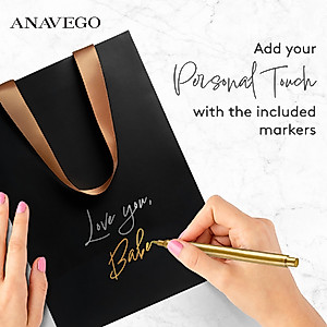 Anavego 6 First-Class Black Gift Bags with Metallic Markers for Personalization & Tissue Paper. Medium Size 8x10″. Matte & Sturdy. Handles from Gold Satin. Birthday Bags Set for Women & Men