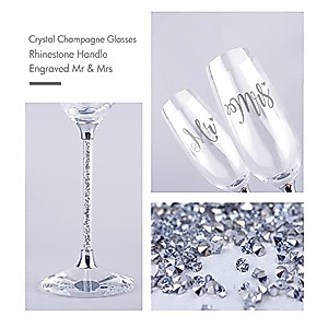 Wedding Cake Knife and Server Set, Crystal Champagne Flutes Glasses Engraved Mr & Mrs, Cake Cutting Set for Wedding, Bride and Groom Toasting Champagne Flutes, Anniversary Engagement Gifts for Couple