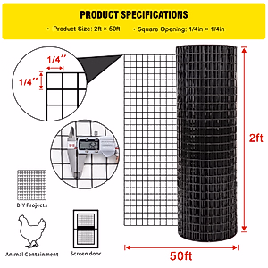 forimo 24'' x 50' 1/4inch Hardware Cloth 19 Gauge Black Vinyl Coated Welded Fence Mesh for Home and Garden Fence and Home
