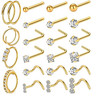 ONESING 23Pcs Gold Nose Rings for Women 20G Nose Piercing Jewelry L Shape Nose Studs Nose Rings Hoop Nose Jewelry Gold Stainless Steel Studs Screw Body Piercing Jewelry for Women Men