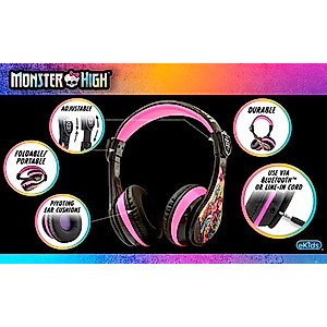 eKids Monster High Bluetooth Headphones for Kids, Wireless Headphones with Microphone Includes Aux Cord, Volume Reduced Kids Foldable Headphones for School, Home, or Travel