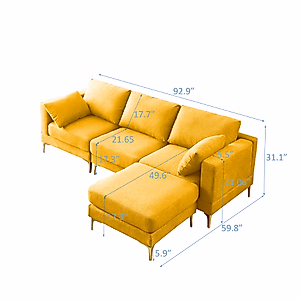 TURRIDU 93" Modular Sectional Sofa Couch with Convertible Ottoman, Modern Sectional Sofa Couch with Golden Metal Legs, 3 Seat L-Shape Sofa Couch for Living Room, Apartment, Bedroom