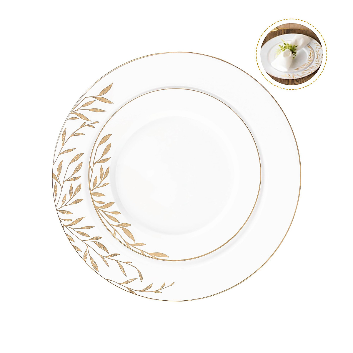 PLASTICPRO 32 Pack Elegant Disposable Plastic Plates Combo Set Includes 16 Dinner Plate and 16 Salad Plate Heavy Duty Fancy Party White & Gold Flower Design