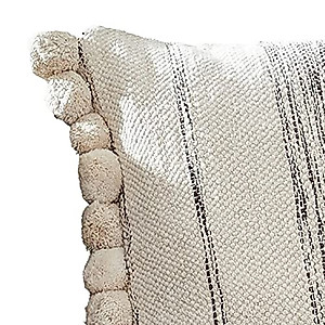 Benjara 18 Inch Decorative Throw Pillow Cover, Textured, Pom Pom Edges, Cream