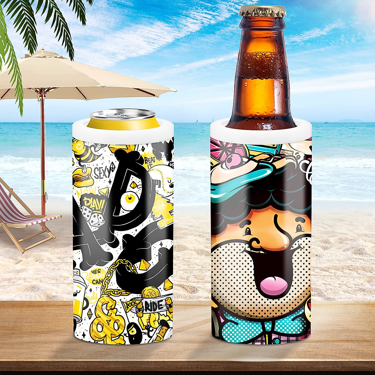 Ninth DIY Transfer Sublimation Blanks Can - 11 oz Stainless Steel Beer Can Insulated Cooler Beer Holder Sublimation Skinny Blanks Can with Splashproof Lid, Non-slip silicone Base