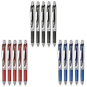 Pentel Energel Retractable Liquid Gel Pen 0.5mm Fine Line Needle Tip color (Black.blue.red) Ink-each 5 Pens/total 15 Pens Special Value Set
