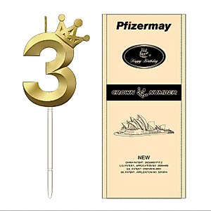 Number 3 Birthday Candle 3D Crown Designed Cake Topper Decorations for Three Years Old Happy Birthday Candles Anniversaries (Crown-3, Gold)