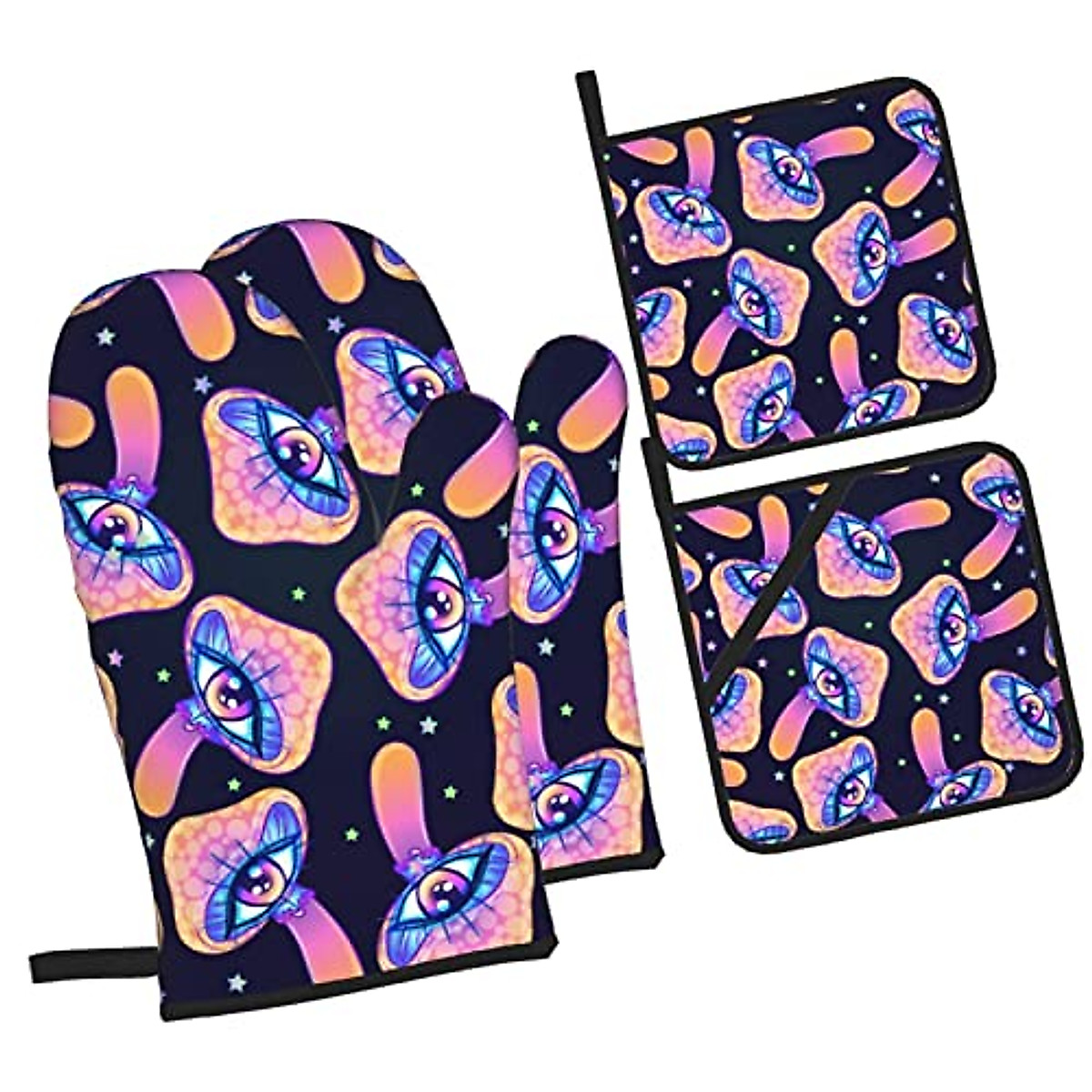 Oven Mitts and Pot Holders Sets of 4 High Heat Resistant Trippy Mushrooms Magic Hippie Oven Mitts with Oven Gloves and Hot Pads Potholders for Kitchen Baking Cooking BBQ Non-Slip Cooking Mitts