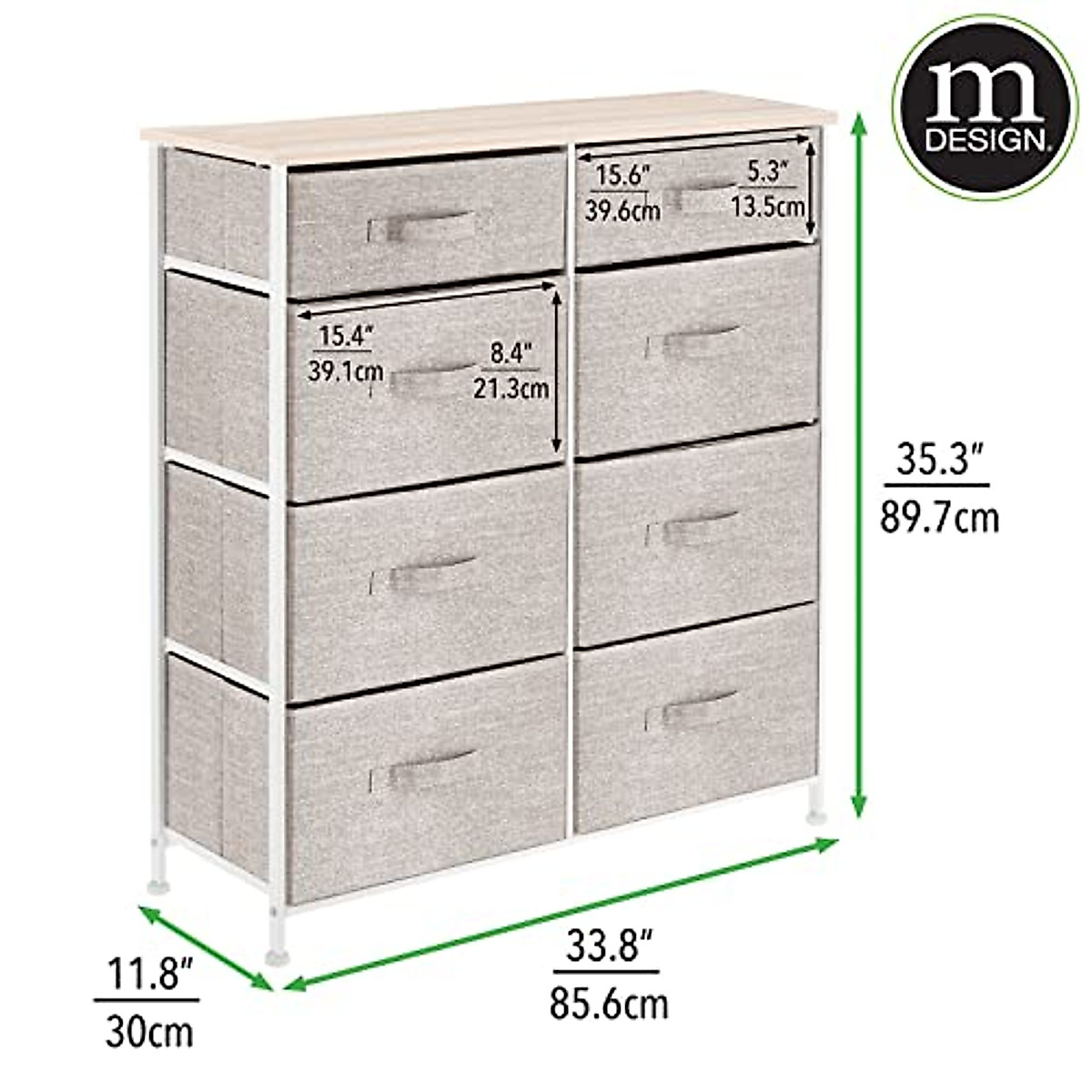 mDesign Tall Steel Frame/Wood Top Storage Dresser Furniture Unit with 8 Slim Removable Fabric Drawers, Large Bureau Organizer for Bedroom, Living Room, Closet - Lido Collection, Linen/Tan, Pack of 1