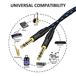DREMAKE Guitar Cable, Jack 6.35mm/6.5mm 1/4 Inch Amp Cord for Bass Electric Guitar Amplifier, 25FT 6.35mm 1/4 Straight to Straight Stereo Audio Balanced Instrument Patch Cable, Black Blue