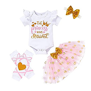Newborn Baby Girl Skirt Set Infant Letter Print Romper+Tutu Skirt+Headband+Legging Warmer Clothes Outfit (Dot Pink, 0-3 Months)
