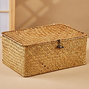 Shelf Baskets with Lid Wicker Baskets with Lids, Nautral Seagrass Storage Baskets, Woven Rectangular Basket Bins (3)