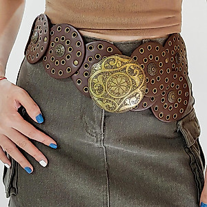 Concho Belts for Women Western Style, Vintage Wide Leather Belt, Circle Whippy Concho Belts, Boho Moroccan Belt Black (Brown, 115cm/45in)