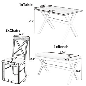 Harper & Bright Designs 4-Piece Wood Dining Table Set, Farmhouse Rustic Kitchen Dining Table with 2 Upholstered X-Back Chairs and Bench, White+Beige