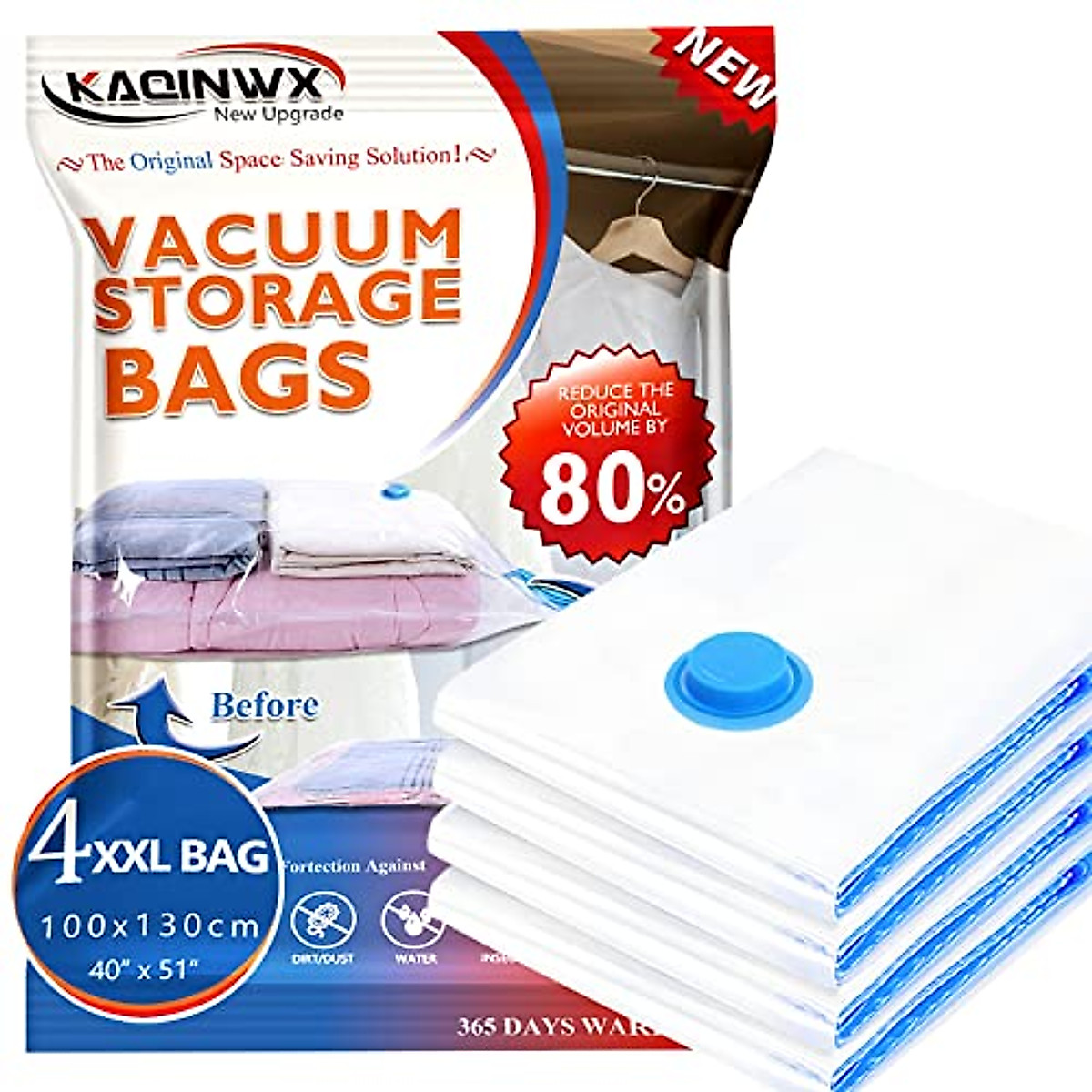 Vacuum Storage Bags 4 Pack (XXL), 40"x51" Compression Storage Bags with Double-Zip Seal and Triple Seal Valve, 80% More Space Saver Bags for Clothes, Blankets, Pillows-Warranty 2 Years