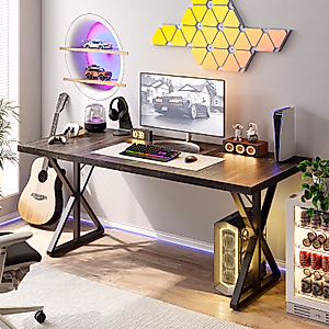 ONBRILL 71 Inch Computer Desk, Large Home Office Executive Desk, Modern Simple Style Gaming Desk for Writing Work Study Bedroom, Sturdy Frame & Thicker Steel Legs with Ample Legroom, Rustic Brown