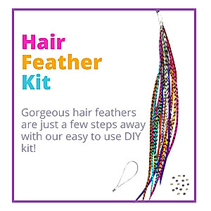 Feathers for Hair, 20 Rainbow Rooster Feathers Hair Extensions Kit with Silicone Beads and Loop Tool All Bright Colors- Pink, Blue, Red, Purple, Orange, Yellow, Green Striped Grizzly Feathers
