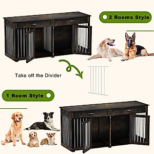 DAWNSPACES Dog Crate Furniture for Large Medium Dogs, 72" Heavy Duty Indoor Wooden Double Rooms Dog Kennel Table with Drawers & Divider, Funiture Style Dog Cage House TV Stand, Rustic Brown
