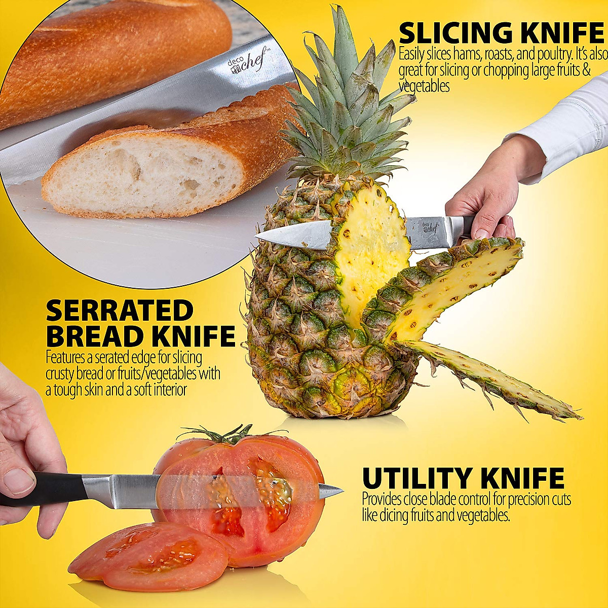 Deco Chef 12-Piece Stainless Steel Kitchen Knife Set with Full Tang High Grade Blades and Wooden Storage Block, Sharpening Manual Included