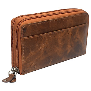 Cavelio USA Women's RFID Blocking Real Leather Large Capacity Double Zip Around Wallet Phone Holder Clutch Travel Purse Gift Box (Tan)