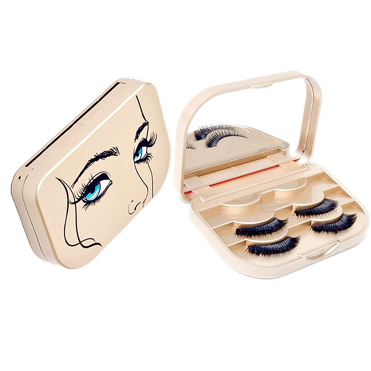 JYHi False Eyelash Storage Case with Mirror Lash Organizer Holder Box Empty Makeup Cosmetic Travel Case and Eyelash Tweezers Lash Container (Gold)