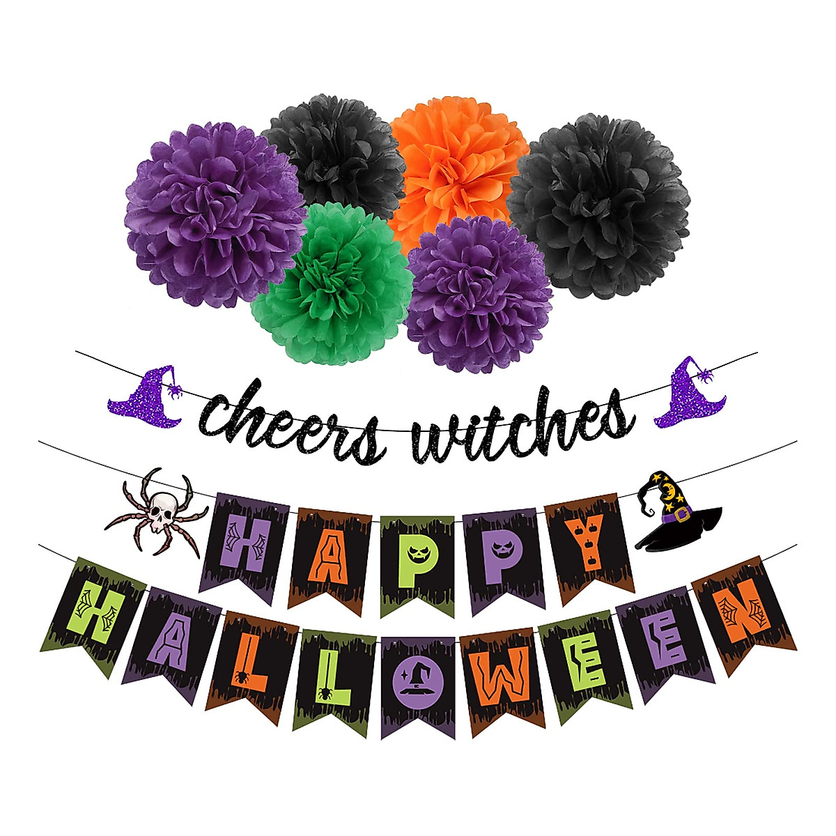 Black-Orange Green-Purple Halloween Party-Decorations - 8pc Kit Happy Halloween Banner, Tissue Flower Paper Pom Poms Streamers,Cheers Witches Garland,Birthday Bachelorette Baby Shower Lasting Surprise
