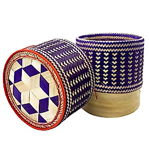 PANWA Combo Sticky Rice Cooking Set Aluminum Cook Pot Diameter 8 1/2" (22 cm) Thai Bamboo“Village Vintage” Steamer Basket 9 Inch Diameter with 24’’ Cheesecloth, and Kratip Container Lilac Toned