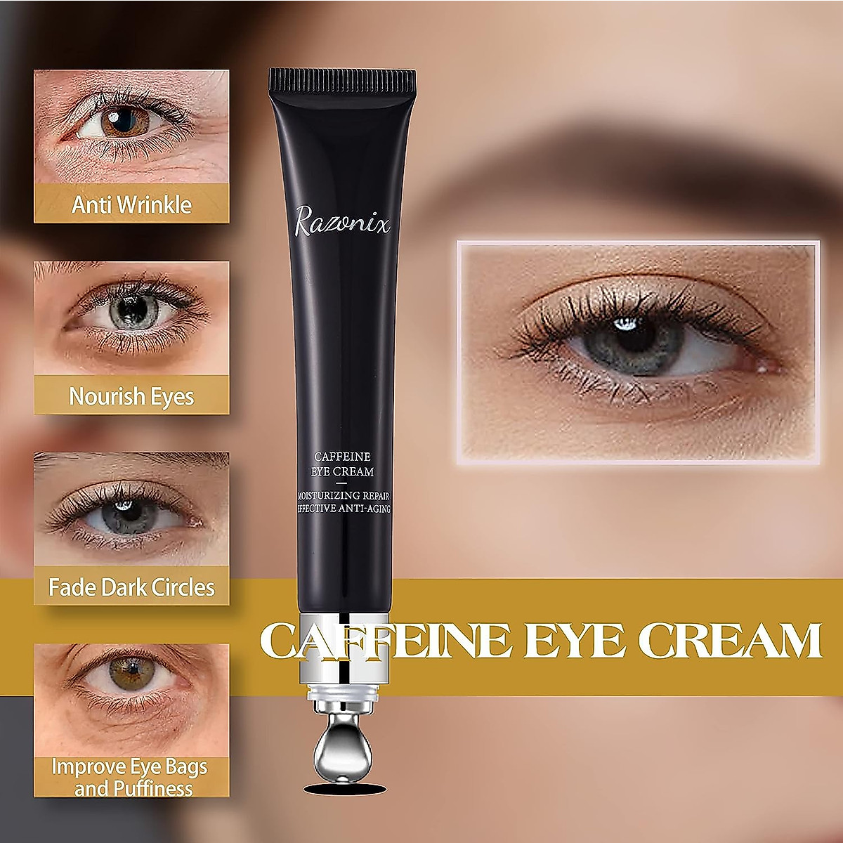 Caffeine Eye Cream for Bags Puffiness: Under Eye Treatment for Dark Circles Puffy Eyes with Eye Roller