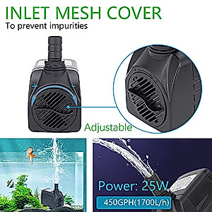 ALLYLANG 450-550GPH Submersible Sump Pump, Ultra Quiet for Fish Tank, Pond, Aquarium, Statuary, Rockery, Hydroponics, Compact Water Pump with 5.9ft Power Cord, 3 Nozzles (450GPH)