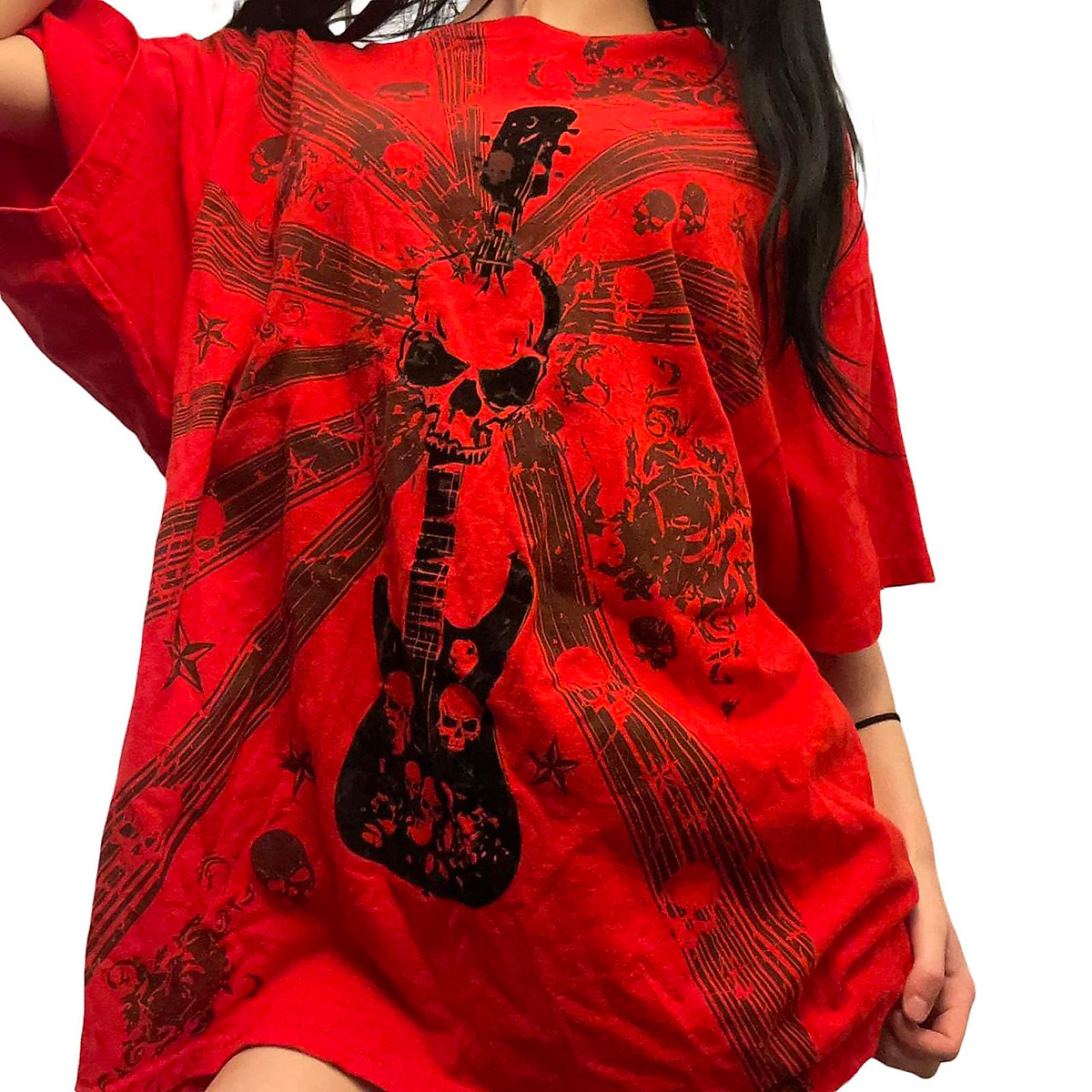 Women Y2K Halloween Short Sleeve T Shirt Vintage Crew Neck Punk Gothic Skull Graphic Harajuku Tee Outing (Red, L)