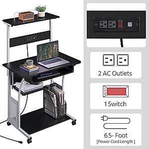 Topeakmart Rolling Computer Desk with Charging Station and 2 USB Ports for Small Space, Study Writing Desk with Keyboard Tray and Printer Shelf for Home Office, Compact Study Table with Wheels, Black