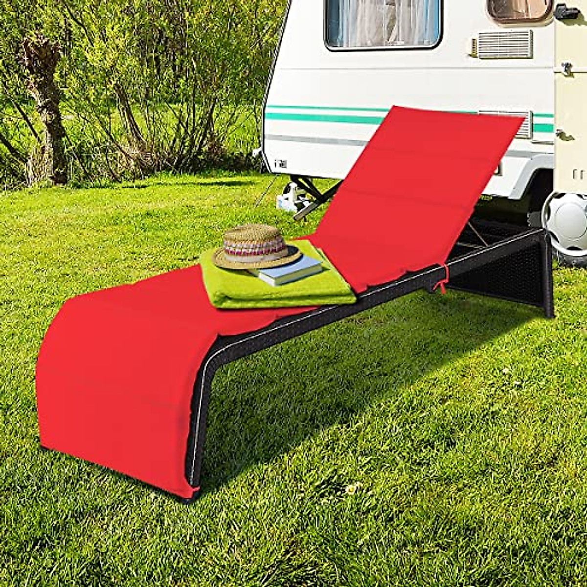 RELAX4LIFE Outdoor Patio Rattan Chaise Lounge, PE Rattan Wicker All Weather Lounge Chair with Adjustable Reclining Backrest and Cushions for Poolside Porch Garden and Backyard (1, Red)